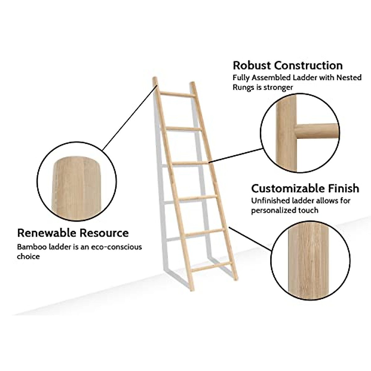 FUIN Fully Assembled 6ft Bamboo Blanket Ladders Wood Decorative Wall Leaning Rustic Farmhouse Bathroom Quilt Towel Display Rack Holder