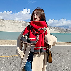 Women's Blanket Chunky,Pashmina Shawls Wraps Oversized Winter & Fall Warm Scarfs Soft Cashmere Feel for Girls and Women (Red-Carriage)