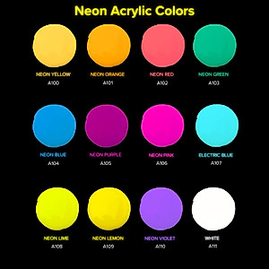 GenCrafts Neon Acrylic Pouring Paint 12 Colors - Pre-Mixed High Flow Ready to Pour - 2 oz./59 ml Bottles - Multi-Purpose Paints for Canvas, Paper, Rocks, Wood