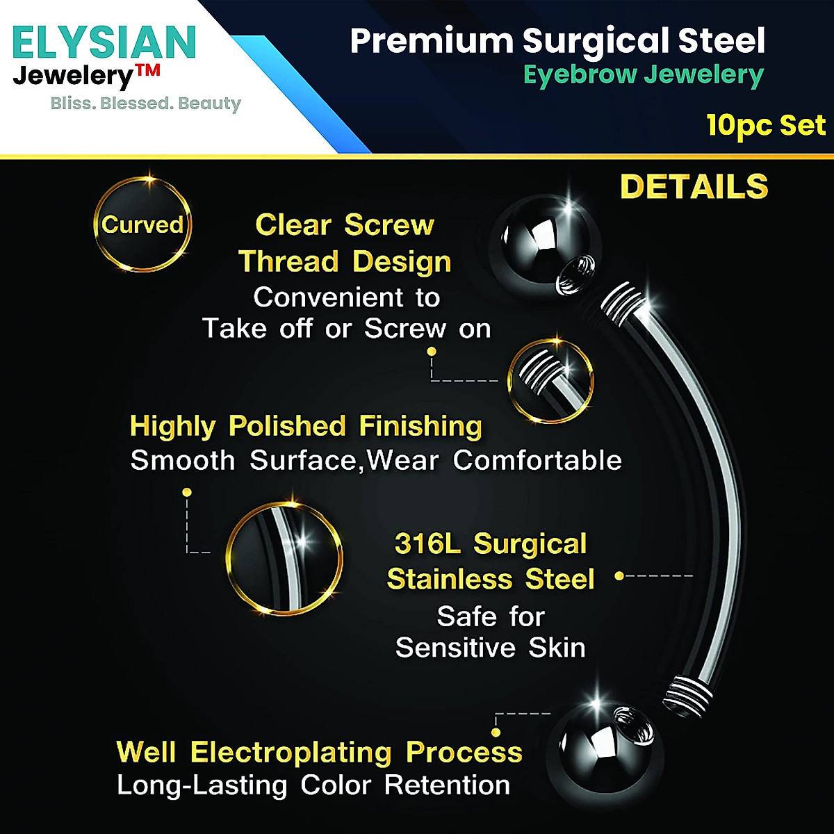 ELYSIAN 10Pcs tainless Steel Rook Daith Earrings Belly Lip Ring Eyebrow Studs Cartilage Tragus Cubic Zirconia Barbell Body Piercing 8mm (5/16''), Blue, Black, Green, Gold, Pink, Purple, Silver