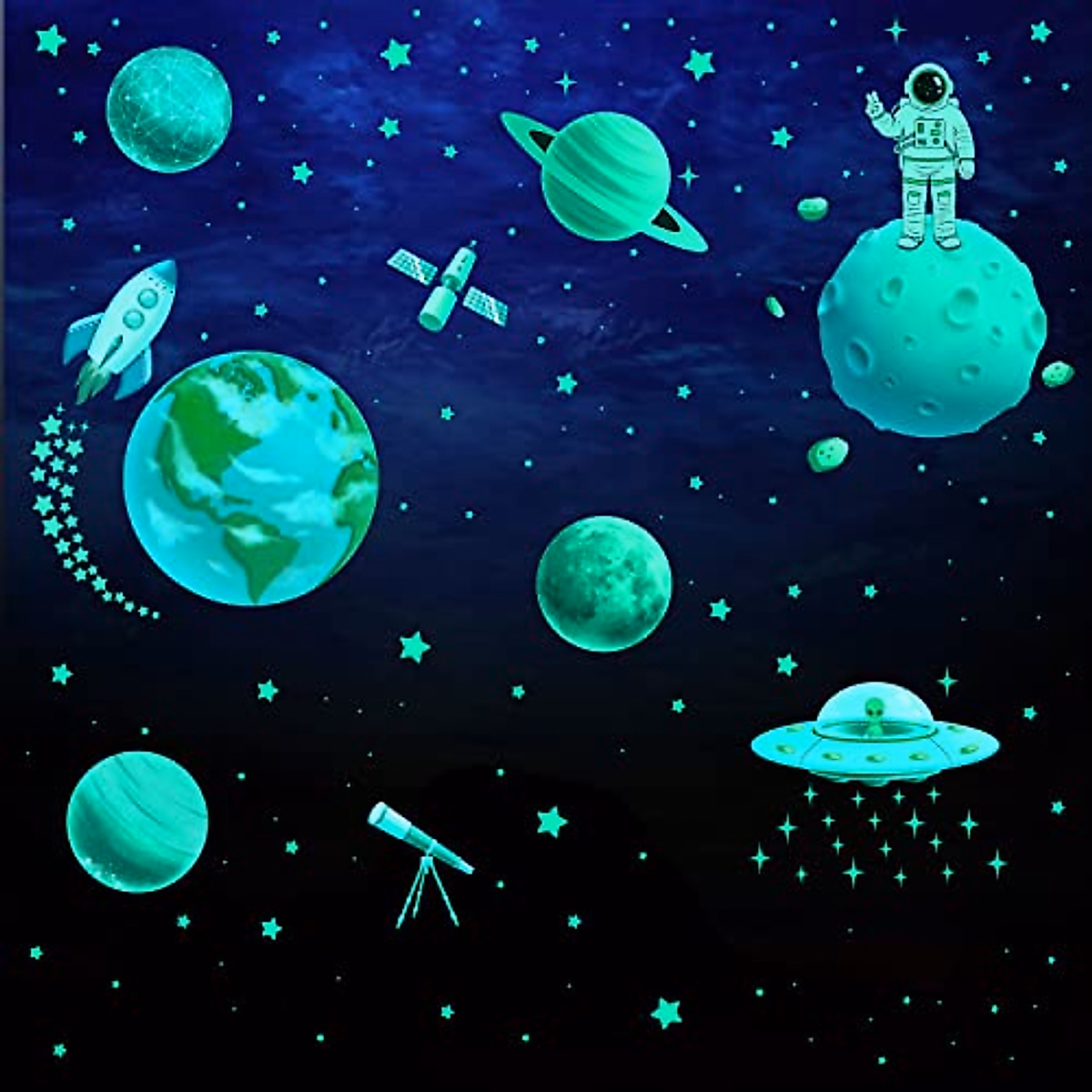 Glow in The Dark Stars for Ceiling, Solar System Wall Stickers for Kids, Planet Wall Decals, Glowing Stars, Space Decor for Boys Room, Galaxy Astronaut Rocket Spacecraft Alien Decoration