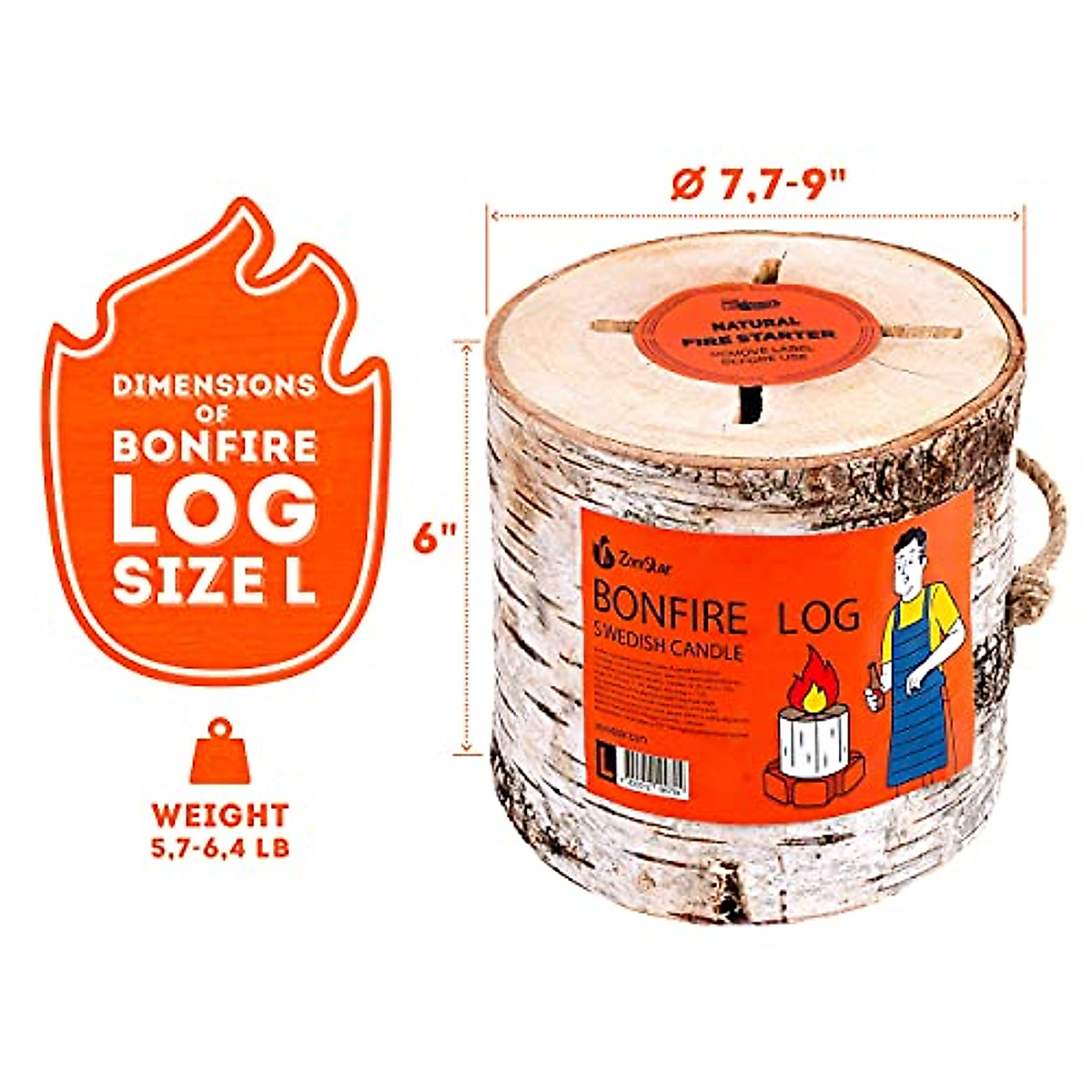 Zorestar Birch Bonfire Wood Log L-Size with fire Starters for Fireplace Inside - 100% Natural Cooking Firewood for Fire Pit, Campfire, Bonfire and Grill, Swedish Candle 6.4 lbs