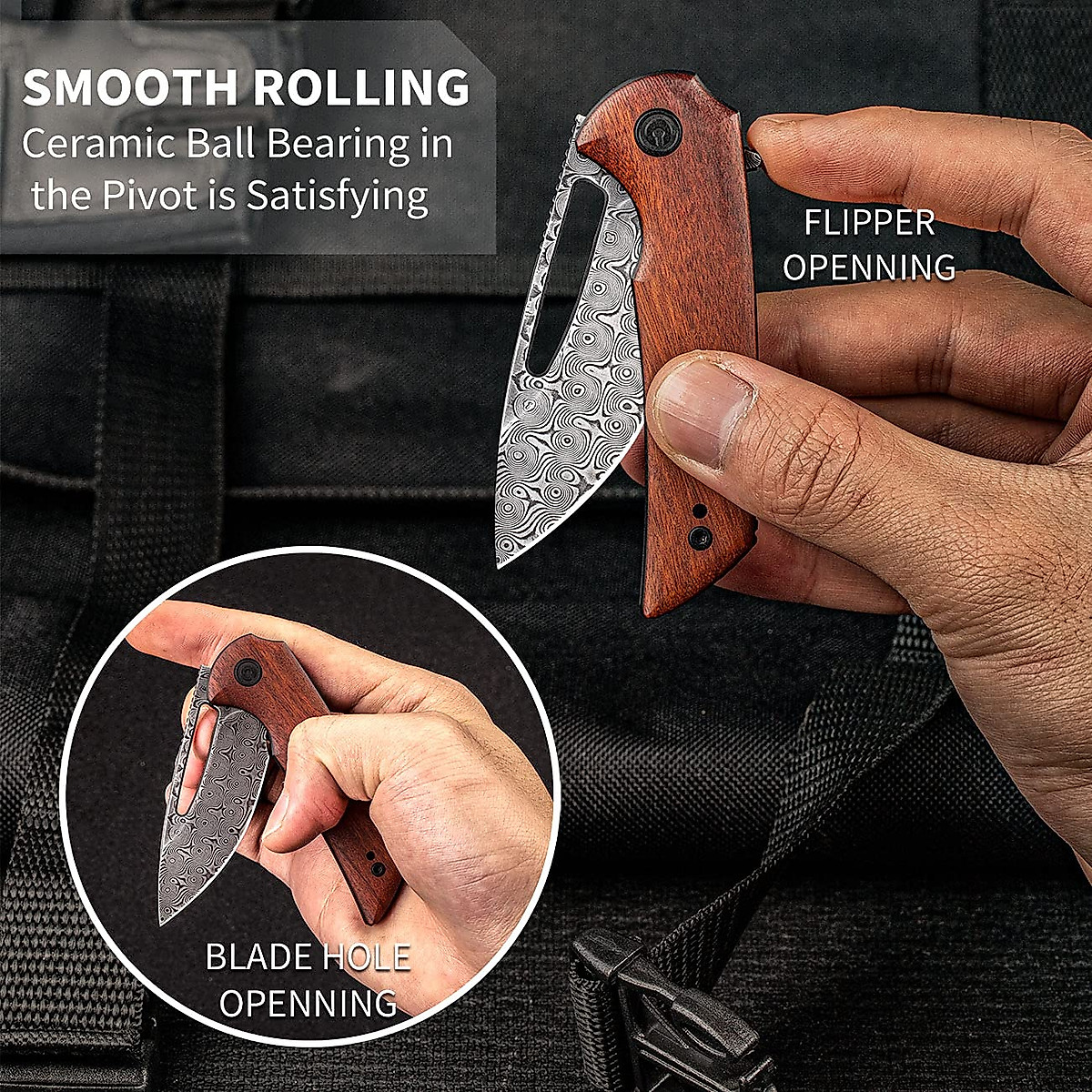 CIVIVI Odium Small Damascus Folding Knife –2.65" Flipper Pocket knife for EDC Camping, Cuibourtia Wood Handle, Ball Bearings Pivot, Reversible Deep Carry Clip C2010DS-1