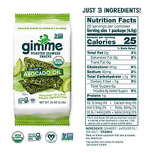 Gimme Seaweed Organic Premium Roasted Seaweed Snacks, Sea Salt & Avocado Oil, 20 Count, Keto, Vegan, Gluten-Free, Great Source of Omega3s and Iodine, Healthy On-The-Go Snack for Kids and Adults
