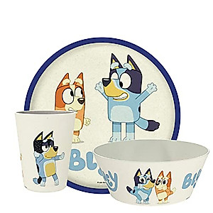 Zak Designs Bluey Kids Dinnerware Set 3 Pieces, Durable and Sustainable Melamine Bamboo Plate, Bowl, and Tumbler are Perfect For Dinner Time With Family (Bluey, Bingo, Bandit, Chilli)