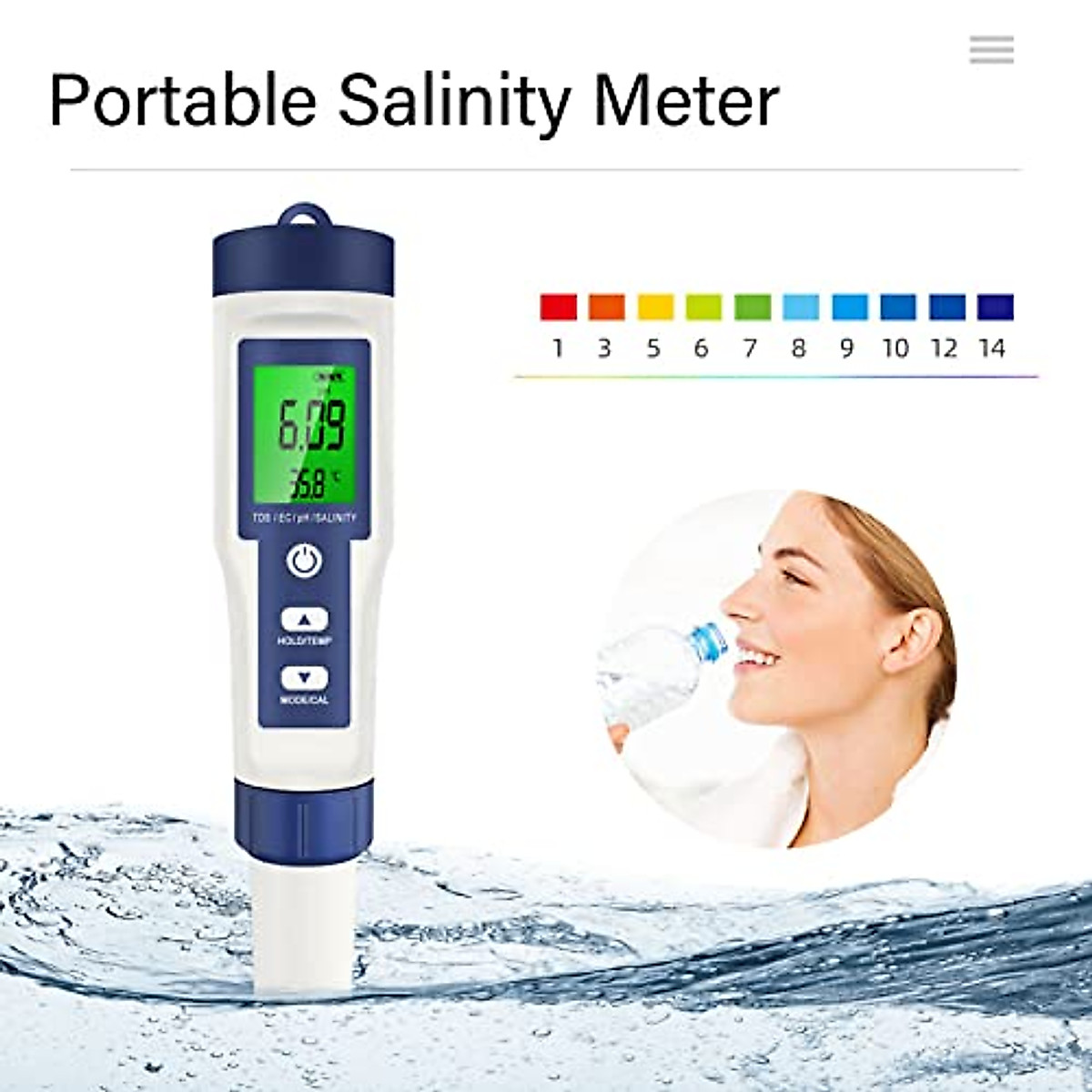 Digital Water Detector, Stable Measuring Water Quality Tester PH Salinity Temp TDS EC IP67 Waterproof for Aquarium