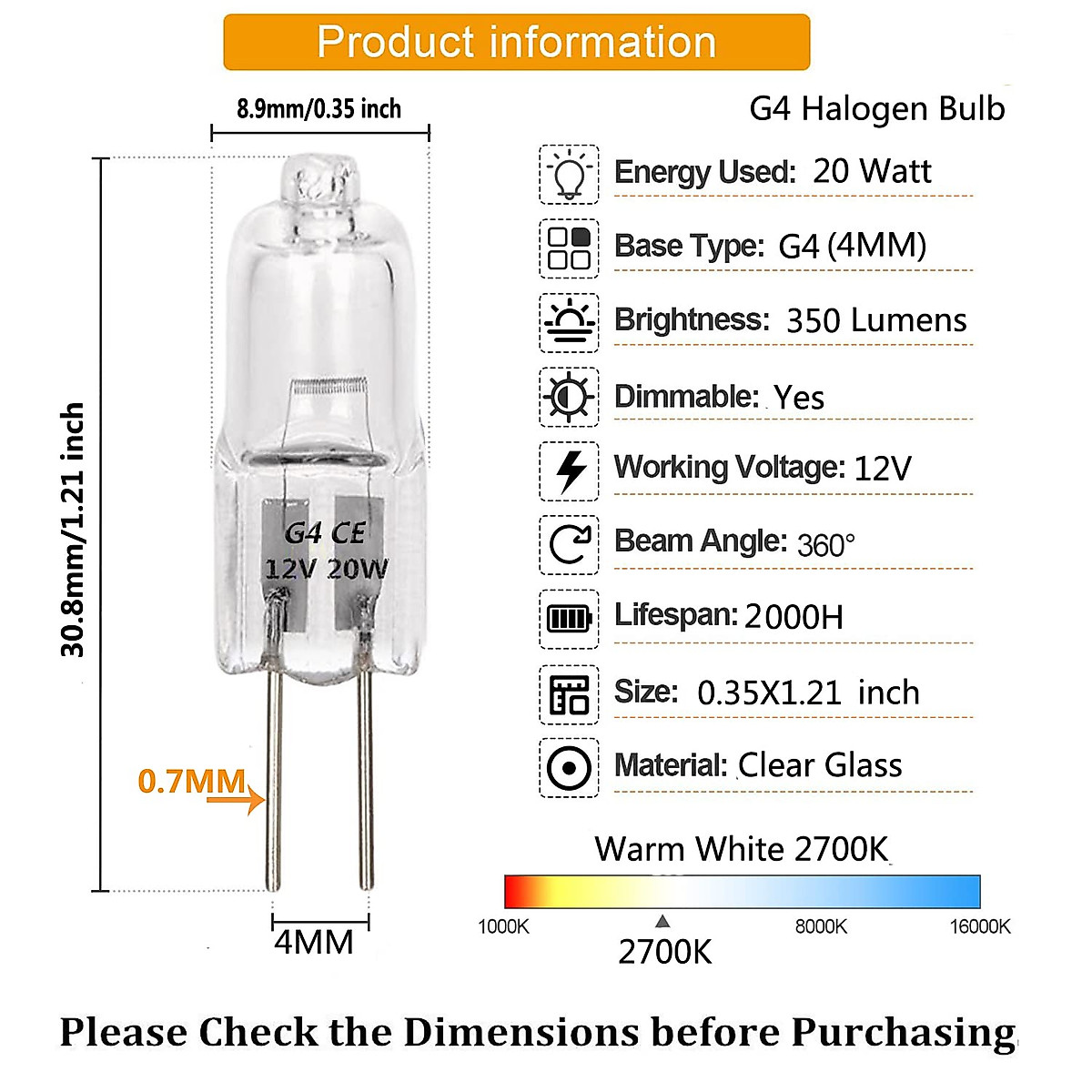 G4 Halogen Light Bulb , T3 JC Type Clear 20W 12V AC/DC Bi-Pin Bulb for Landscape Lighting,Accent Lights, Track Lighting,Under Cabinet Puck Light, Chandeliers,360°Beam Angle/Warm White,12Packs