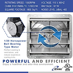 iLIVING 16" Wall Mounted Shutter Exhaust Fan, Automatic Shutter, with Thermostat and Variable Speed controller, 0.85A, 1200 CFM, 1800 SQF Coverage Area Silver (ILG8SF16V-ST)