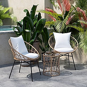 Flash Furniture Devon Indoor/Outdoor Bistro Set - Tan Finish Rattan Rope Papasan Style Chairs and Glass Top Side Table - Light Gray Back and Seat Cushions, 15.75x15.75x25, 3-Piece