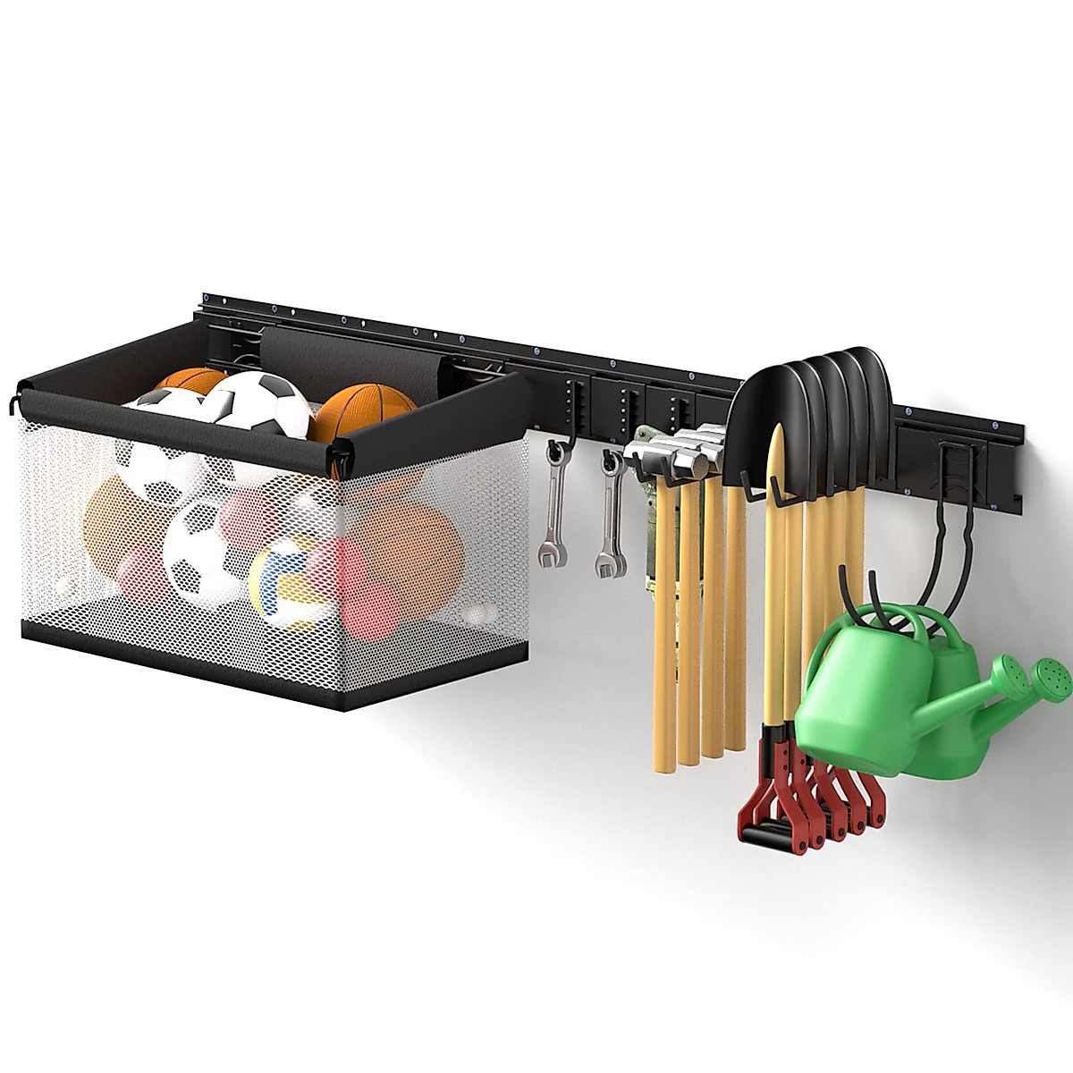 Netwal Tool Storage Rack Wall Mount Ball Storage Basket ＆6 Pcs hooks，Garage Organization，Heavy Duty Steel Hanger，for Gardening Tools，Dog Toy's Storage