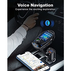 Bluetooth FM Transmitter (Upgraded Version) in-Car Wireless Radio Adapter Kit W 1.8" Color Display Hands-Free Call QC3.0 and Smart 2.4A Dual USB Ports, AUX Input/Output, TF Card MP3 Player