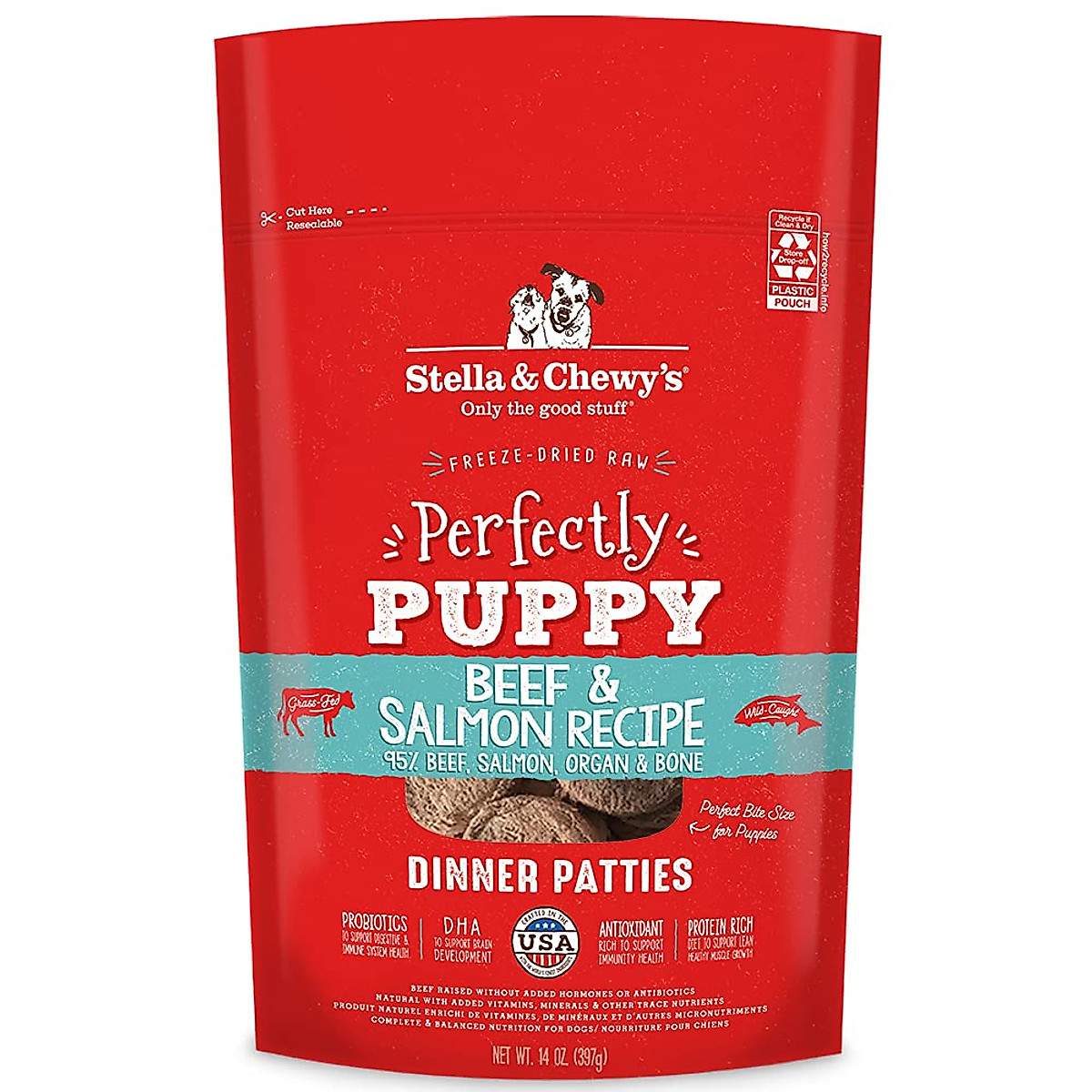 Stella & Chewy's Freeze Dried Raw Dinner Patties – 14 oz Bag & Freeze Dried Raw Dinner Patties – Grain Free Dog Food, Protein Rich Surf ‘N Turf Salmon & Beef Recipe – 14 oz Bag