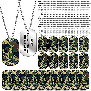 Huquary 100 Pcs Aluminum Military Dog Tag Camo Dog Tags Blank Dog Tags Army Dog Tag Military Party Favors Include 50 Pcs Beaded Chains for Kids Men Dogs Soldier Arm DIY ID Tags