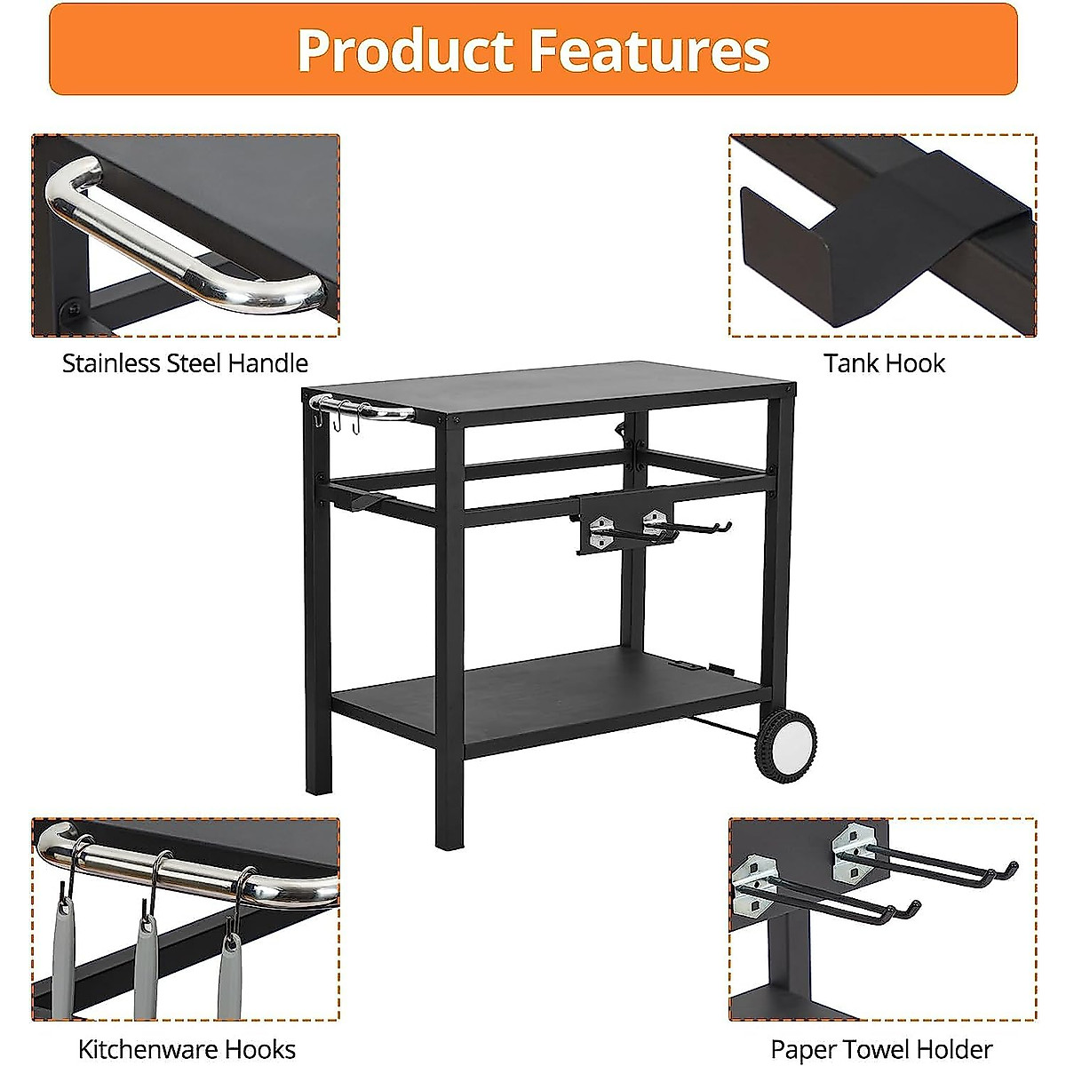 Bar Cart, Outdoor Grill Cart, Pizza Oven Stand, BBQ Prep Table with Wheels & Hooks, Side Handle, Double-Shelf Grilling Cart, Tabletop Griddle Cooking Station for Bar, Patio, Kitchen (Black)