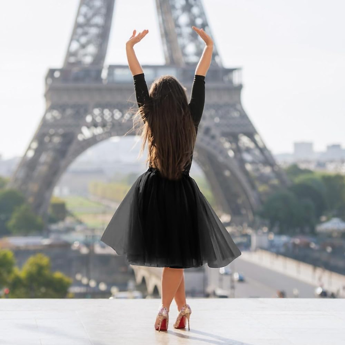 WEISIPU Women's 6 Layer Short A Line Elastic Waistband Tutu Tulle Prom Princess Midi Dance Skirt Black M