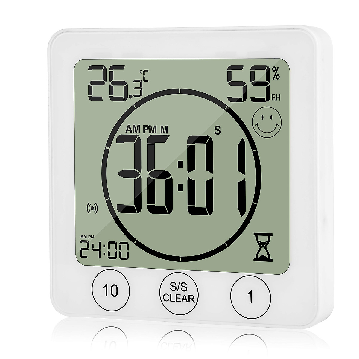 JLENOVEG Digital Bathroom Shower Timer Kitchen Wall Clock with Alarm Waterproof Touch Screen Timer White Indoor Thermometer Hygrometer with Suction Cup Hanging Hall Shelf Stand