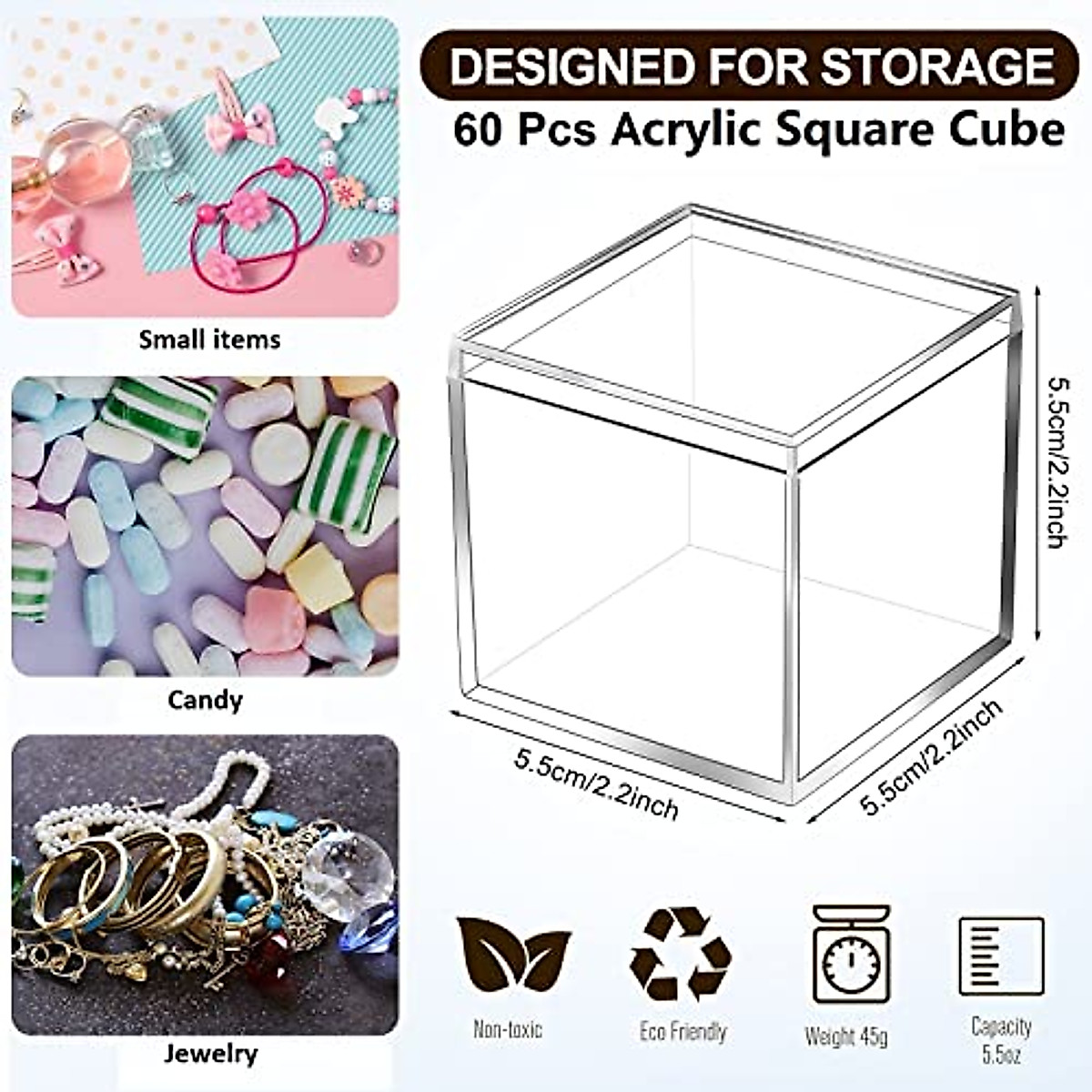 Tuanse Acrylic Box with Lid Clear Small Acrylic Box Plastic Square Cube with Lid Mini Acrylic Containers Display Box 2.2 x 2.2 x 2.2 Inch for Candy Pill Tiny Jewelry Toys Gifts (60)