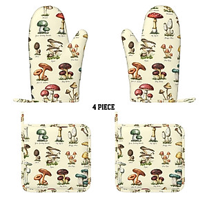 antscvotore The Various Mushroom Art Oven Mitts and Pot Holders Sets,Resistant Recycled Infill Silicone Non-Slip BBQ Gloves for Kitchen,Cooking,Baking,Grilling
