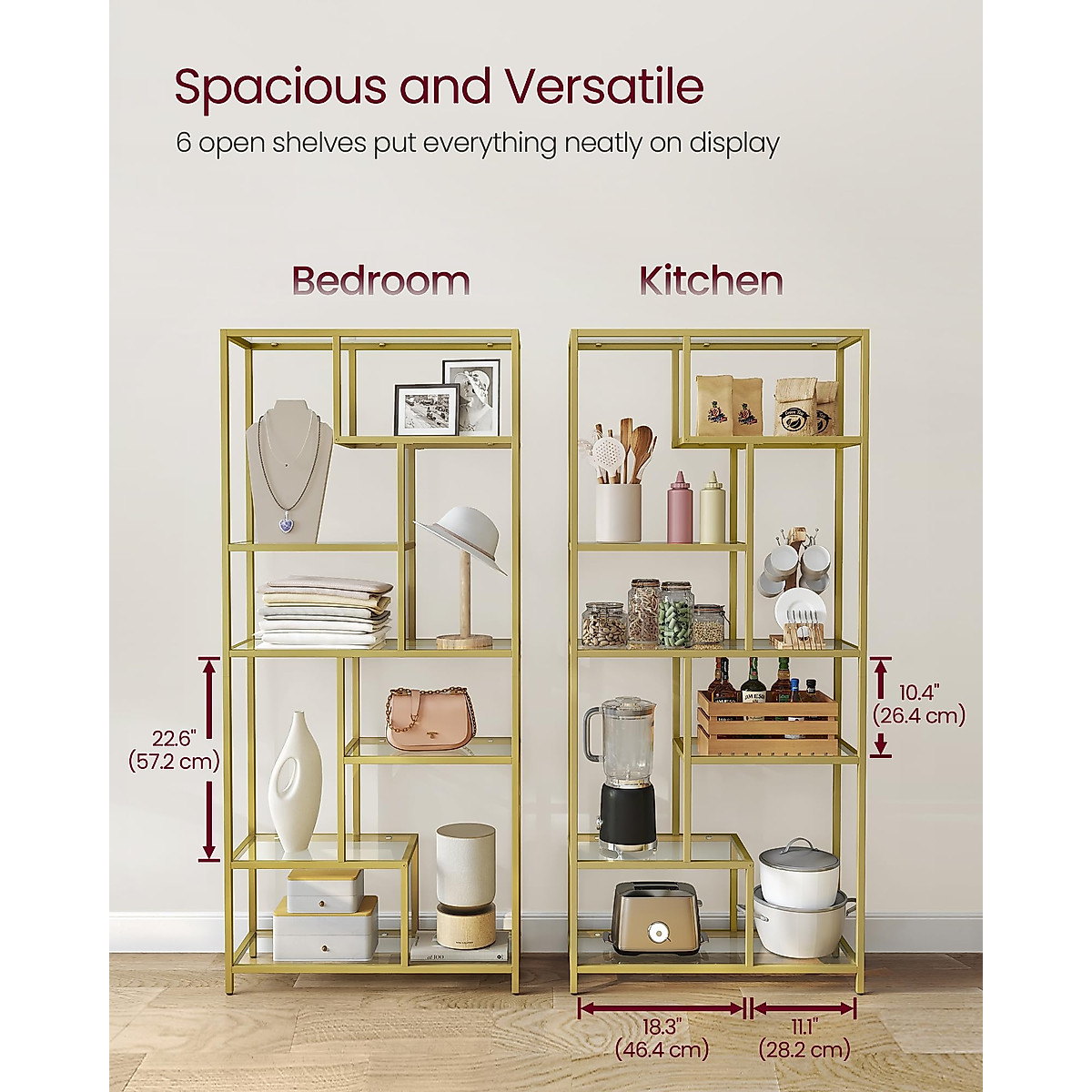 VASAGLE Bookshelf, 6-Tier Tall Bookcase, Display Shelf, Plant Stand, 11.8 x 31.5 x 70.9 Inches, Tempered Glass, for Study, Office, Living Room, Bedroom, Kitchen, Metallic Gold ULGT502A01