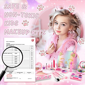 Kids Makeup Kit for Girl, Kids Washable Makeup Girls Toys, Girls Makeup Kit for Kids with Cute Cat Bag, Real Make up Set for Kid Little Girls Toddlers Princess Christmas Birthday Gifts Age 3-6-8-10-12