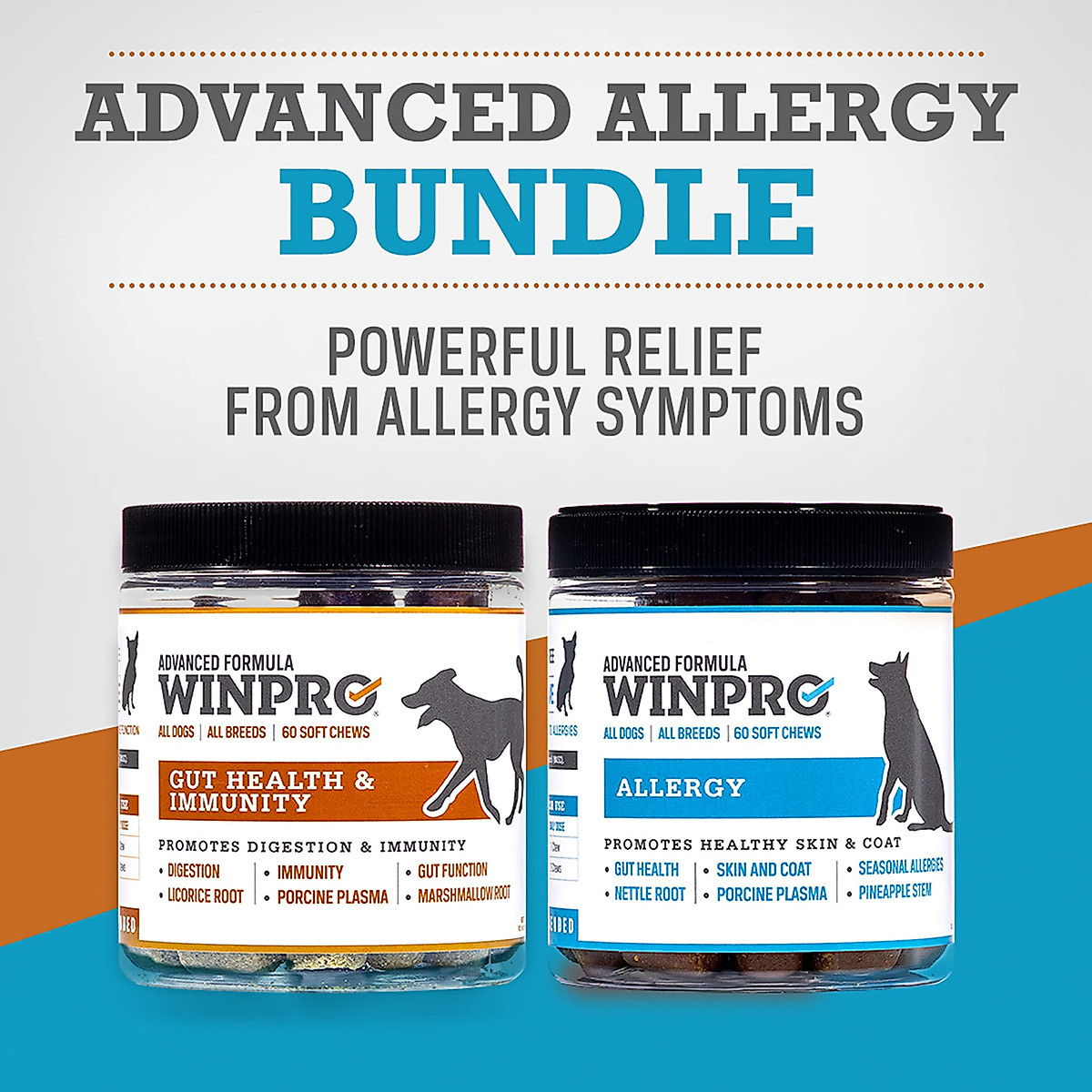 WINPRO All-Natural Allergy Relief and Gut Health Bundle, 120 Chews, Plasma Powered Grain Free Soft Chews Providing Relief from Itchy, Irritated Skin, Digestive Health and Immunity