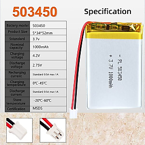 YDL 3.7V 1000mAh 503450 Lipo Battery Rechargeable Lithium Polymer ion Battery Pack with PH2.0mm JST Connector