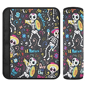 Halloween Sugar Skull Party Seat Belt Covers 2 Pack Car Seat Strap Covers Super Soft Carseat Shoulder Pad for Adults Boys Girls Babies