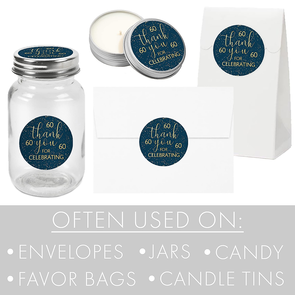 Navy Blue and Gold Birthday Favor Stickers - Gold Bday Thank You Labels, Envelope Seals, Candy Stickers - 1.75 in. - 40 ct - Adult Birthday Party Supplies (60th Birthday)