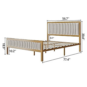 HOMBCK Full Size Bed Frame with Headboard and Footboard, Platform Bed Frame Full with Velvet Tufted Headboard, No Box Spring Needed, Strong Metal Slat Support, Easy Assembly, White & Gold