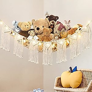 Dremisland Stuffed Animal Toy Hammock with Fairy Lights Macrame Boho Plush Toy Net Hammock with Tassels-Stuff Animals Organizer Storage Corner Plush Toys Net Holder for Nursery Play Room, Kids Bedroom