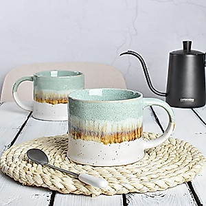 Bosmarlin Medium Ceramic Coffee Mug Set of 2, 15 oz, Big Stoneware Tea Cup for Office and Home, Dishwasher and Microwave Safe (Green, 2)