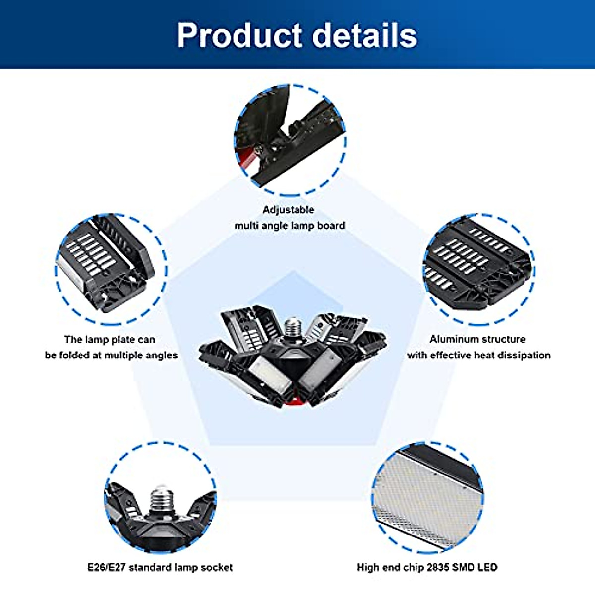 Garage Lights Ceiling Led 2 Pack Plug in Shop Ligthts,180W 18000 LM 6500K Garage Lights Ceiling LED,12 Leaf Deformable Multi-Position Panels Garage Lights E26 E27 Base,for Barn,Workshop,Basement