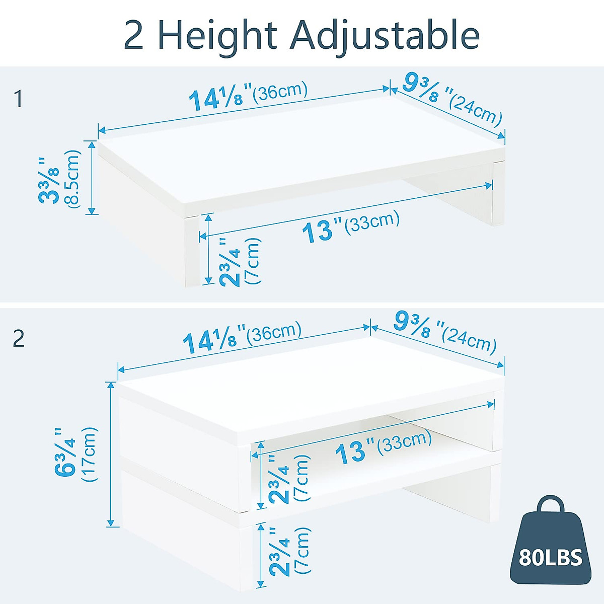 TEAMIX White Monitor Stand Riser-2 Pack,Wood 2 Tier Adjustable Dual Monitor Riser for 2 Monitors/Laptop/PC Computer Stand for Desk