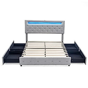 HOMFAMILIA Queen LED Bed Frame with 4 Storage Drawers and 2 USB Ports, Modern Adjustable Upholstered Button Tufted Headboard, Solid Wooden Slat Support, No Box Spring Needed(Light Grey)