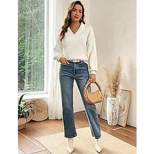 ZHENWEI Women's 2023 Fall Winter Long Sleeve V Neck Solid Color Casual Polo Collared Chunky Cable Knit Pullover Sweater Tops Cream White L