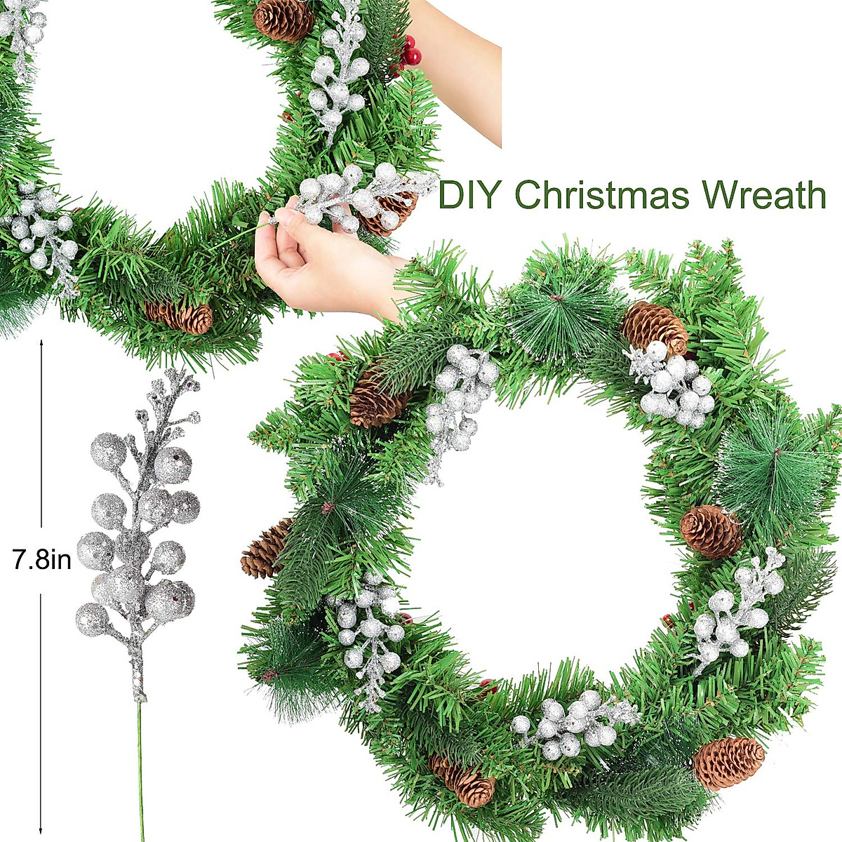 Lvydec 16pcs Christmas Glitter Berries Stems, 7.8" Artificial Christmas Picks for Christmas Tree Ornaments, DIY Xmas Wreath, Crafts, Holiday and Home Decor (Silver)