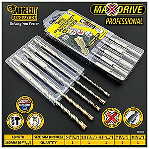 5 x SabreCut QSCK5A 13/64" 7/32" 15/64" 9/32" 5/16" x 6 19/64" Length Quattro PGM Approved Full Carbide 4 Cutter Tip Vortex Flute SDS Plus Drill Bit Mix Kit For Stone Concrete Brick Block