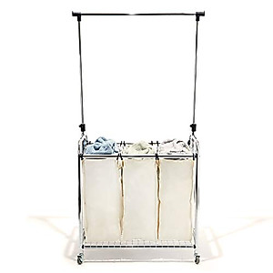 Seville Classics Laundry Hamper Sorter Cart Mobile Premium 3-Bag with Clothes Rack, Chrome