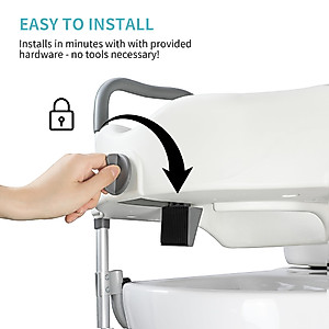 Lock Raised Toilet Seat with Handles, 5 Inch Toilet Seat Riser Heavy Duty with Adjustable Arms and Legs Fits Most Toilets, Elevated Toilet Seat 300 LBS(Regular, Grey+White）
