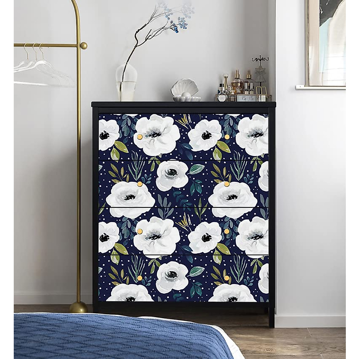HAOKHOME 93245-3 Peel and Stick Floral Wallpaper Home Decor Removable Navy/White/Blue Vinyl Self Adhesive Mural 17.7in x 9.8ft