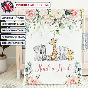 Safari Blanket, Personalized Baby Girl Blanket, Safari Animal Set Baby Girl Blanket for Baby, Elephant Bedding, Decor, Super Soft Plush Blanket for Baby, 30 x 40 in