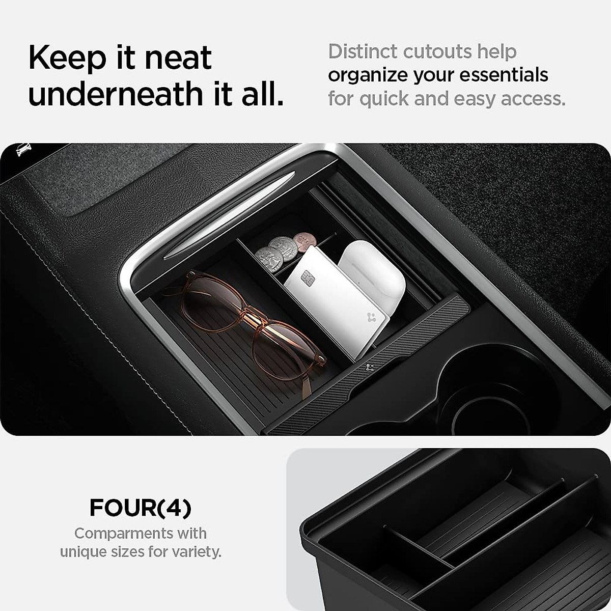 Spigen Center Console Organizer Tray Designed for Tesla Model 3 & Y 2025/2024/2023 with Smooth Slide Technology [Not Compatible with Tesla Model 3 2025/2024 Refresh (Highland)] (Carbon Edition)