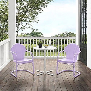 Crosley Furniture Tulip 3-Piece Outdoor Bistro Set, Vintage Retro Metal Patio Table and Chairs for Dining, Lavender Gloss/White Satin