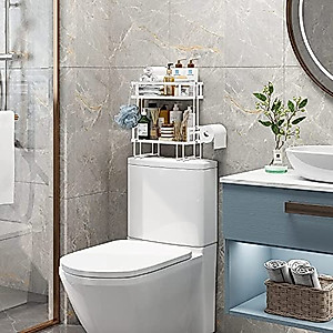 JOYKI Bathroom Over The Toilet Storage Shelf,2-Tier Bathroom Organizer, Restroom Organizers with Adhesive Base and Hooks,Anti-Tilt No Drilling Wall Mounting Rack Toilet Paper Hanger,White