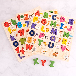 XJYQJD Wooden Alphabet Puzzle for Toddlers, 3 in 1 Lower Case Alphabet Letter Puzzles ABC Uppercase & Lowercase & Number Puzzle Set for Preschoolers Kids Ages 3-5 Alphabet Learning Educational Toy
