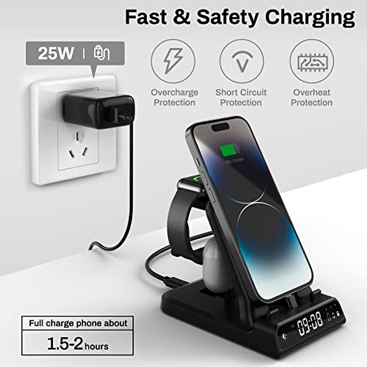 SwanScout Fast Charging Station for Apple Devices, 25W 3 in 1 Charging Station Compatible with Apple Watch Series 8/7/6/5/4, for iPhone 14/13/12/11 Series/XS/SE/8/7/6 & Air pods Pro 2/Pro/3/2