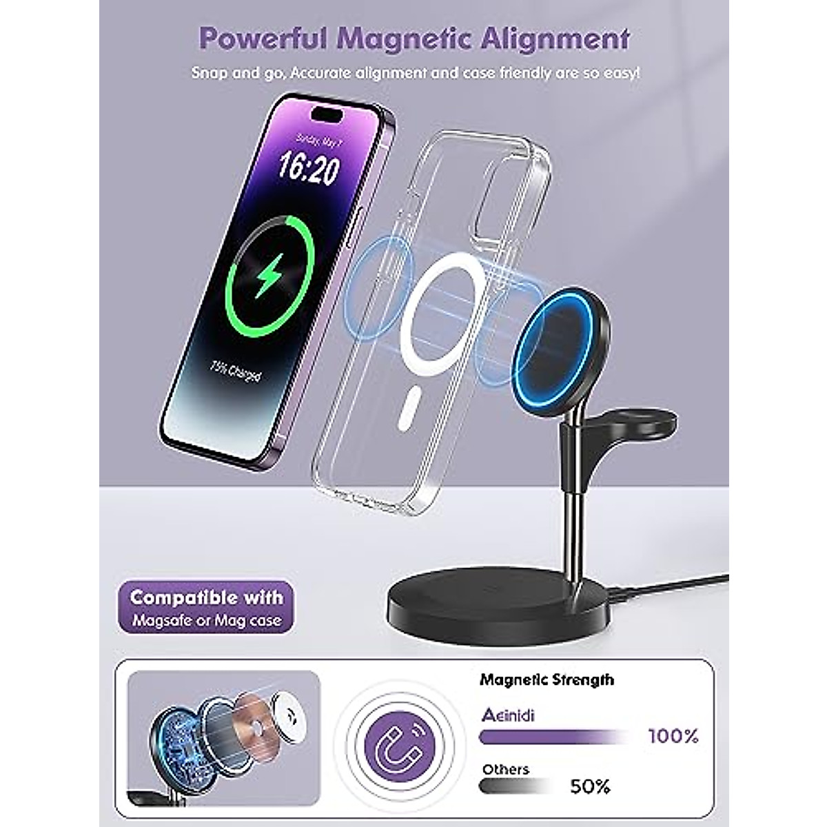 3 in 1 Wireless Charging Station for Multiple Devices Apple, Aeinidi 15W Fast Mag-Safe Charger Stand, Magnetic Charger for iPhone 14 13 12 Pro Max/Plus/Pro/Mini, Apple Watch, AirPods Pro 3 2, Black