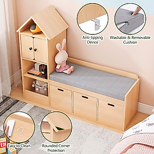 Kids Bookcase and Bookshelf with Reading Nook, Toy Storage Organizer for Kids, Oak Castle Wooden Bookcase with 3 Open Storage Cubbies 3 Drawers and Seat Cushion for Children's Room, Playroom, Oak