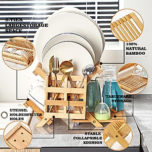 Olioeiao Bamboo Dish Drying Rack for Kitchen - Collapsible 3-Tier Wooden Folding Drainer with Utensil Holder and Dish Strainer Board for Countertop, Sink, and Racks Dryer (Natural)