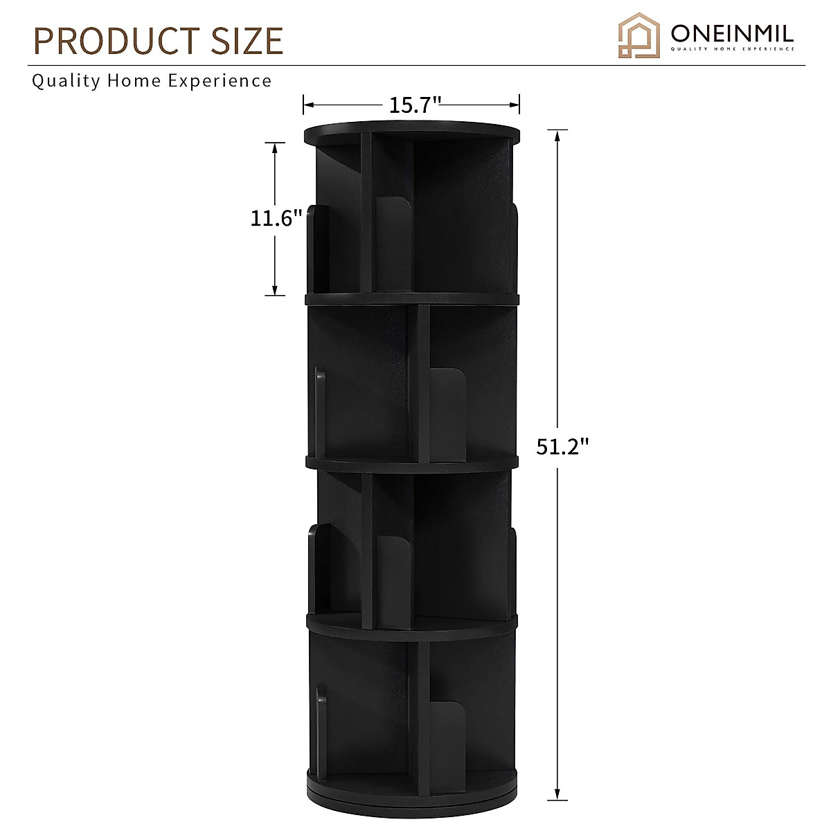 oneinmil 360°Rotating Bookshelf, Small Corner Bookcase with a Small Footprint, 4 Tier Standing Bookcase for Kids & Adults, Wood Bookshelf Designed for Bedroom, Living Room, Black